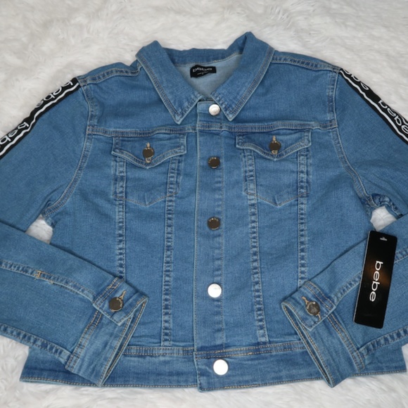 bebe | Jackets & Coats | Bebe Denim Jacket Logo Taper Medium Wash New ...
